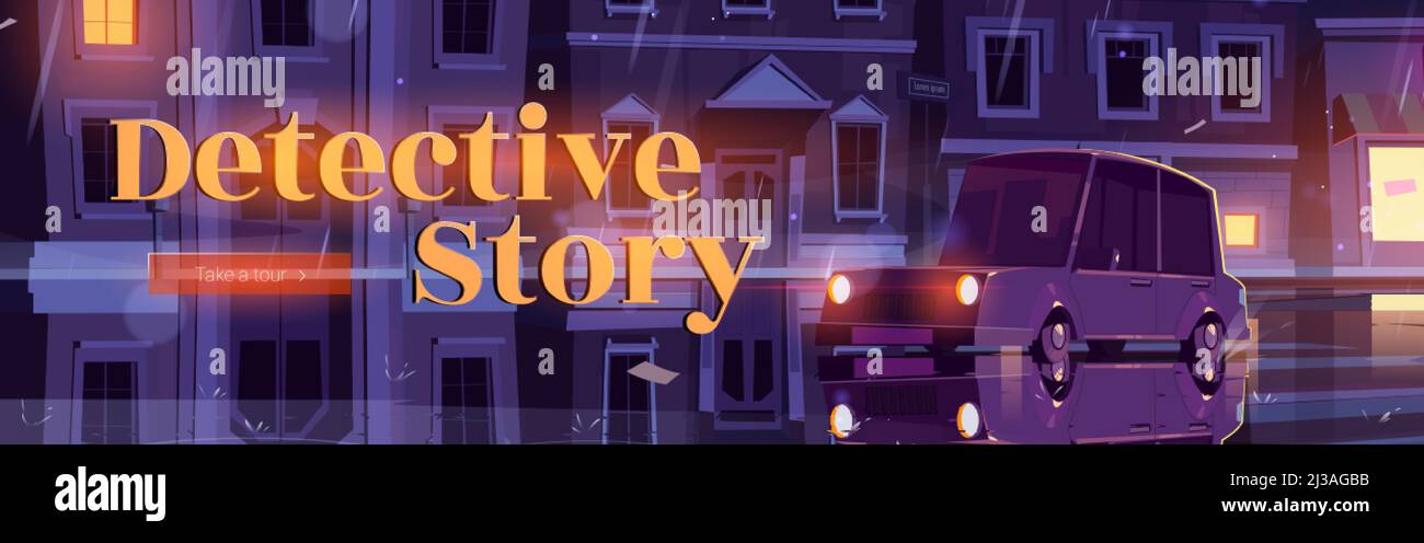 Detective story tour banner. Travel agency website with cartoon ...