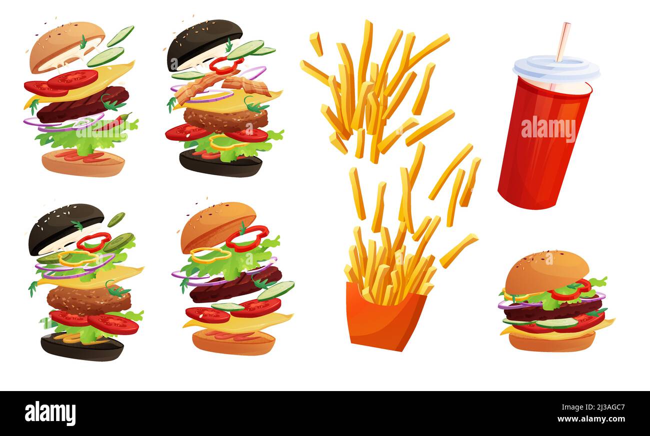 Delicious flying burger with chili, tomato, cheese, cucumber, meat ...