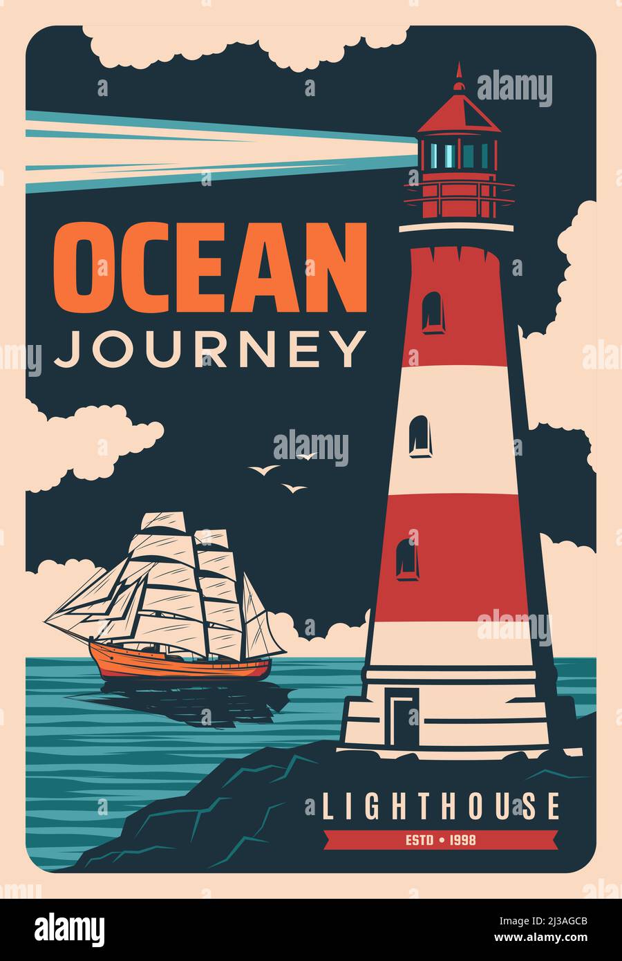 Lighthouse beacon on seaside, sailing ship in sea, vector safety ...