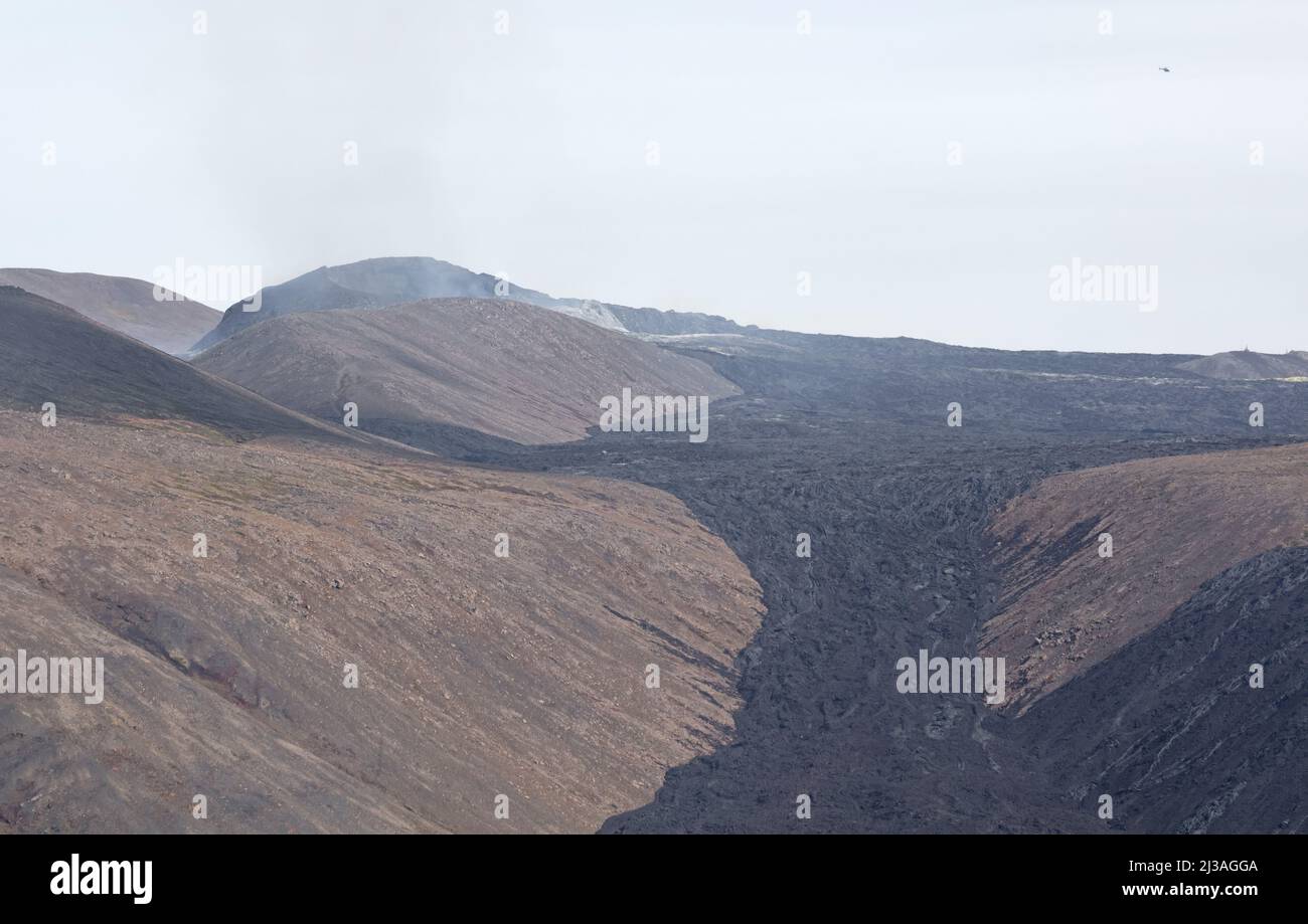 Fagradalsfjall volcano spitting smoke, summer of 2021, helicopter in ...