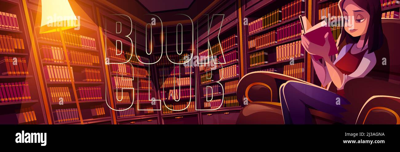 Book club cartoon banner, young woman reading in library at night time ...