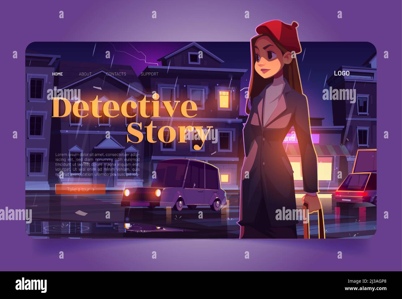 Detective story tour banner with woman sleuth. Travel agency website ...