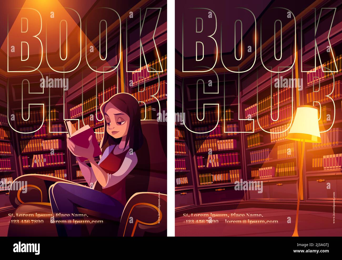 Book club posters with library interior and girl reads in chair. Group ...