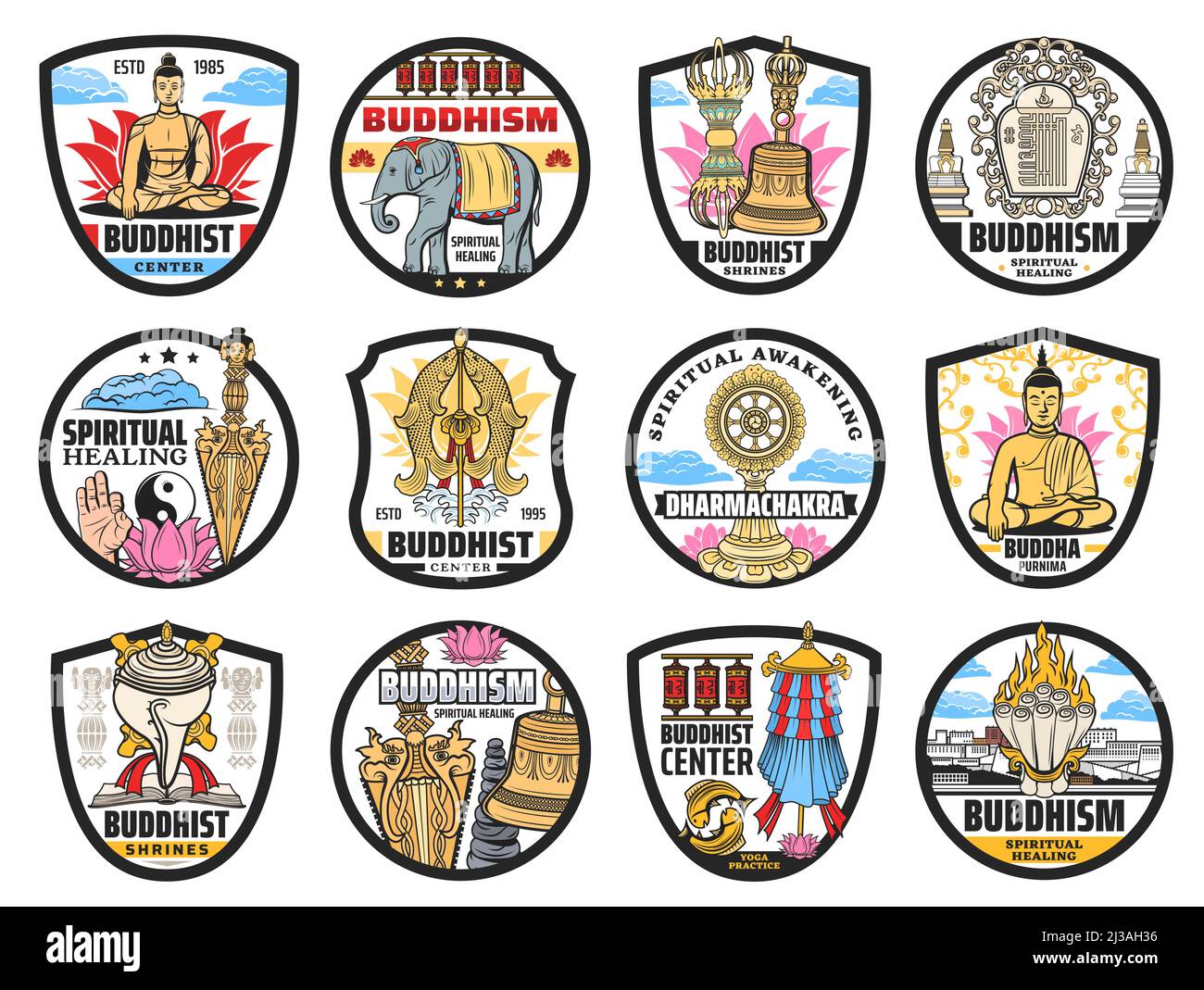 Buddhism religious icons, sacral symbols and spiritual center emblems ...
