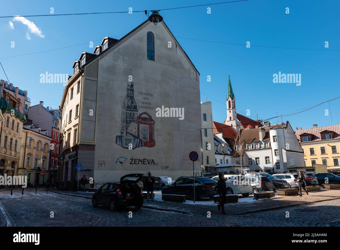 Street corner with parking lot in the Old Town Riga, Latvia Stock Photo ...