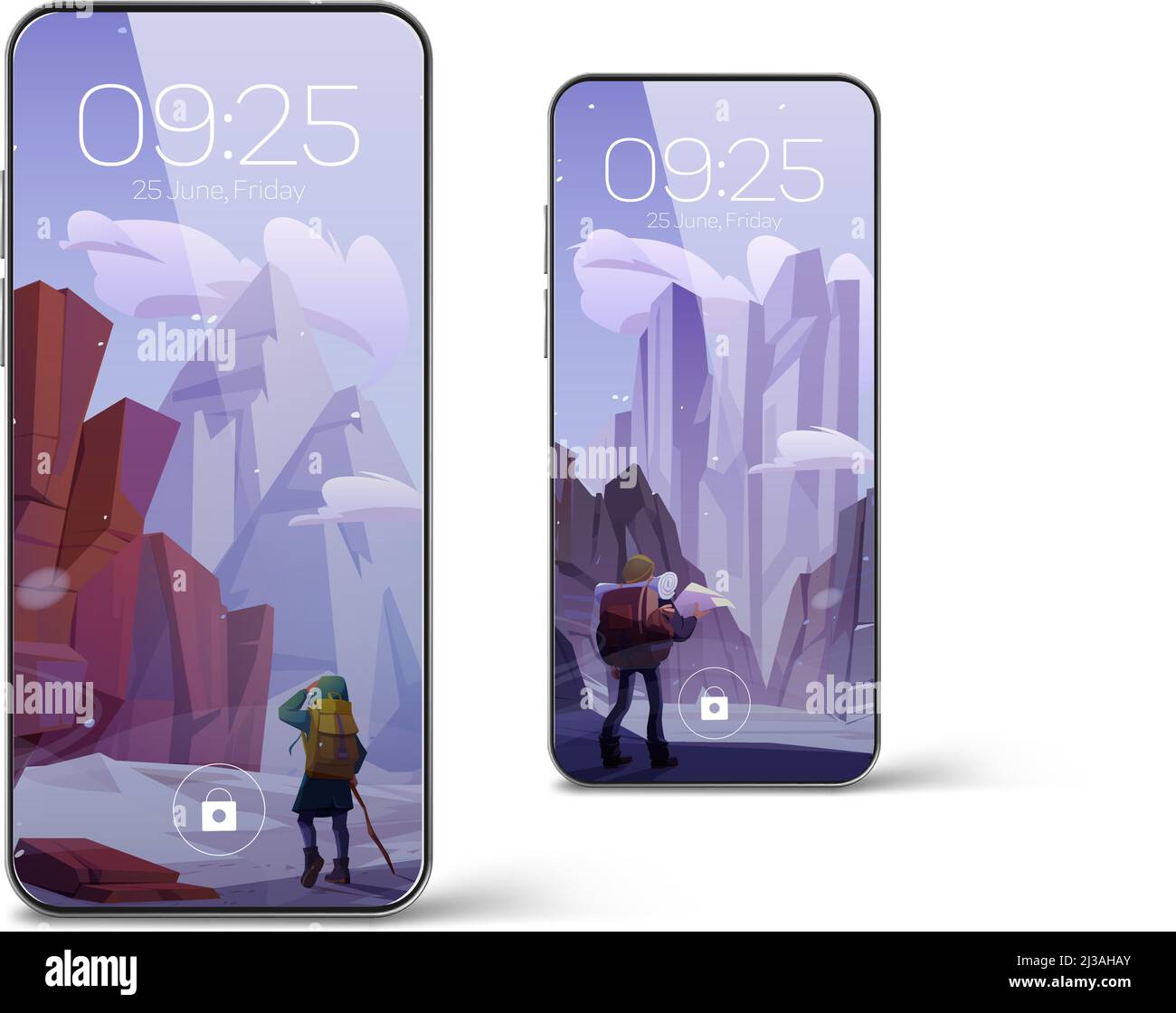 Smartphone with screensaver wallpaper with winter mountain landscape ...