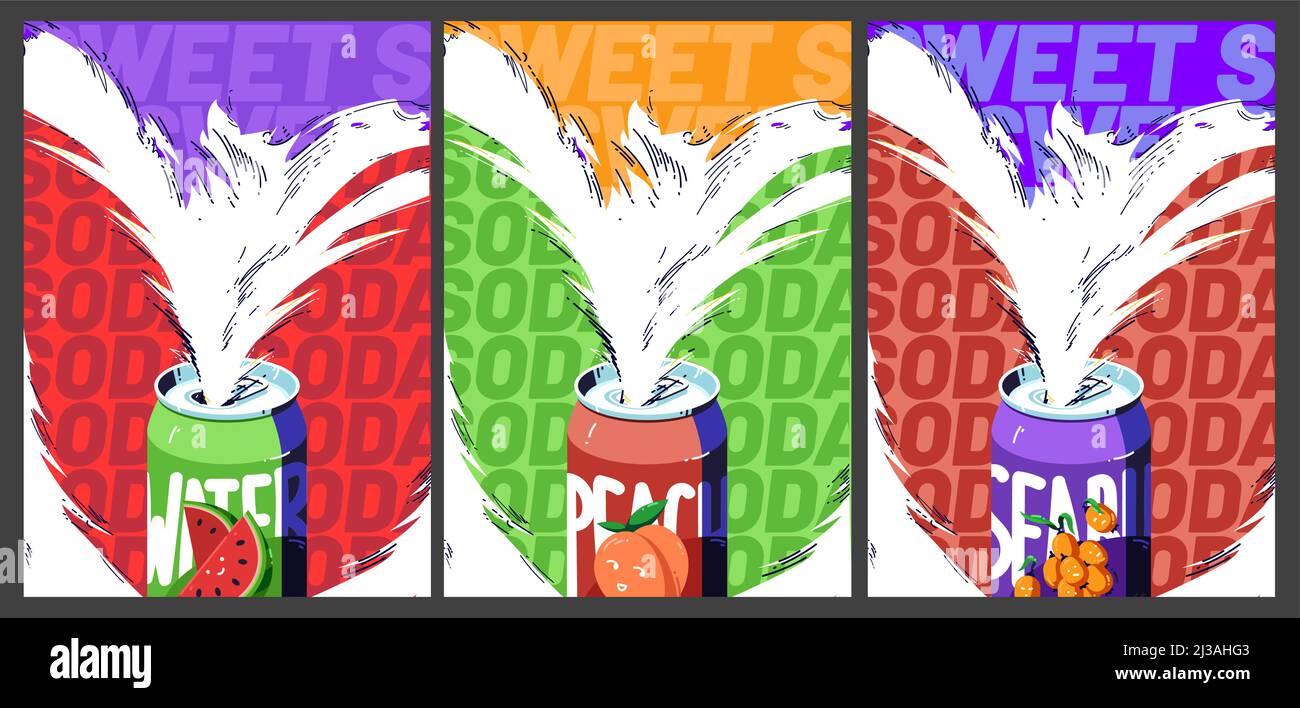 Sweet soda, cold fruit drinks posters. Fizzy watermelon, sea buckthorn ...