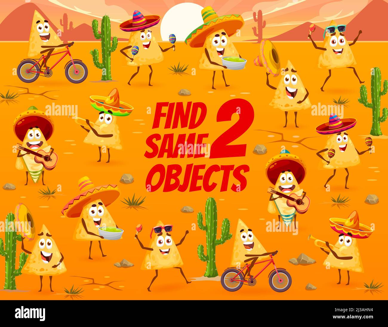 Find two same Mexican nachos chips characters in desert, kids game ...