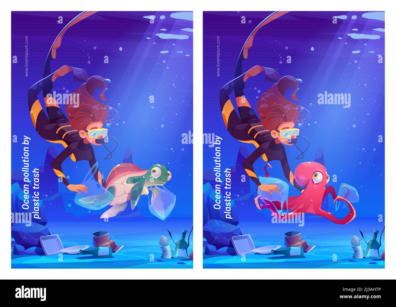 Ocean pollution with plastic trash cartoon posters. Diver girl help ...