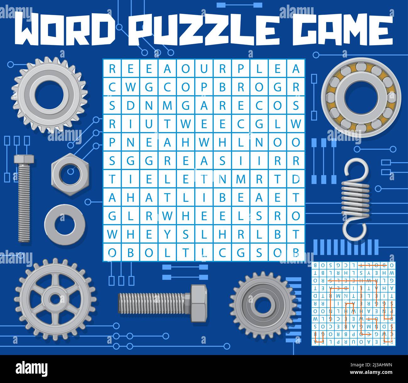 Mechanic spare parts on word search puzzle game worksheet. Kids quiz ...