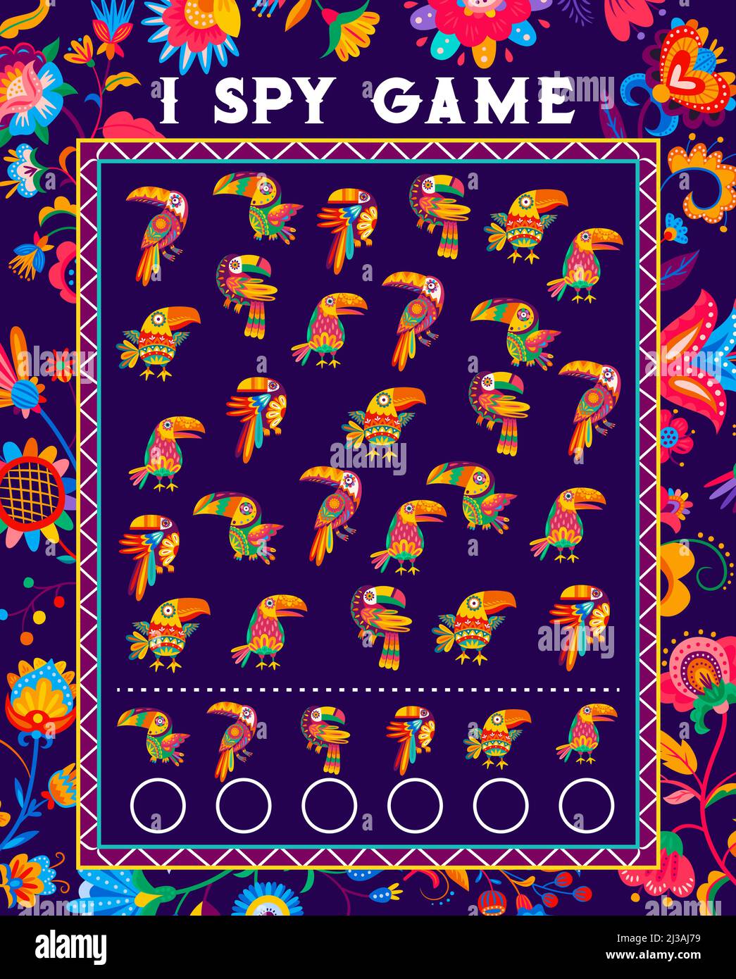 I spy kids math game worksheet with counting mexican toucan birds ...