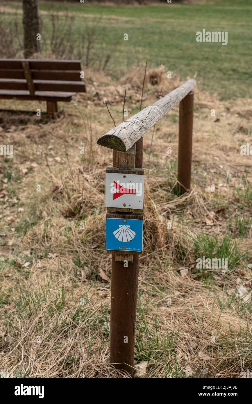 a waymarking of the route of saint James way in swabian alb in Germany ...