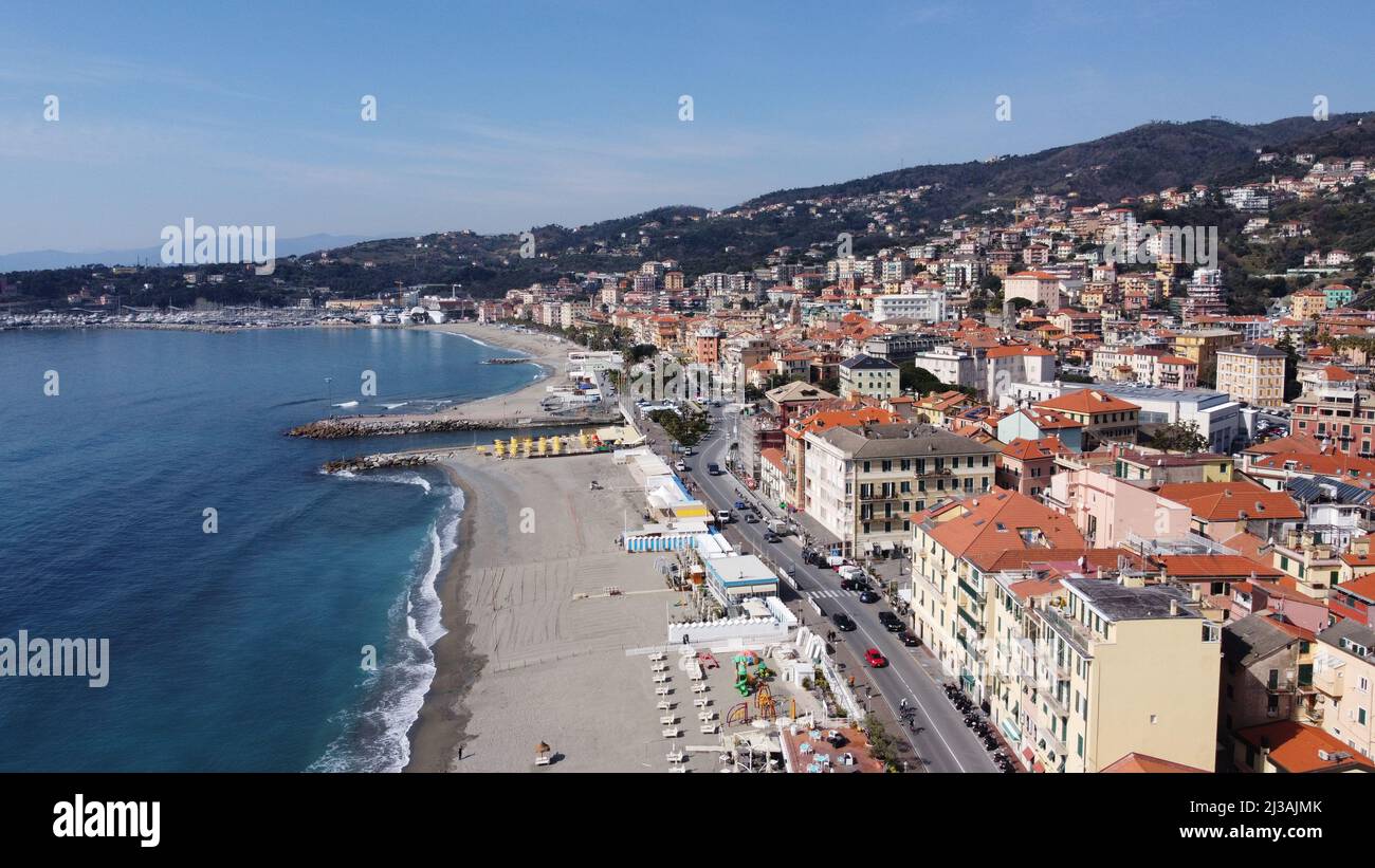 An aerial view of Varazze in Liguria, Italy on the shore of the ...