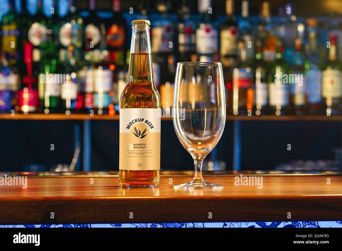 Beer bottle mock-up against blurred bar counter Stock Photo - Alamy