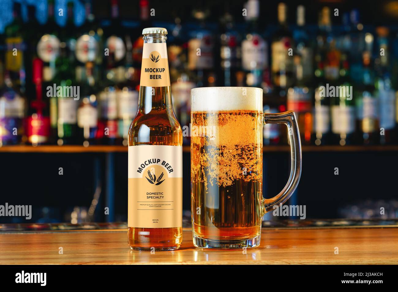 Beer bottle mock-up against blurred bar counter Stock Photo - Alamy