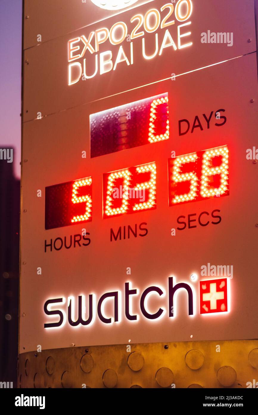 Dubai, UAE - 06.26.2021 - Shot of an EXPO 2020 countdown clock tower ...