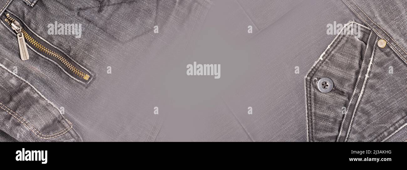 A denium gray jean closeup, banner with space for text. View of old ...
