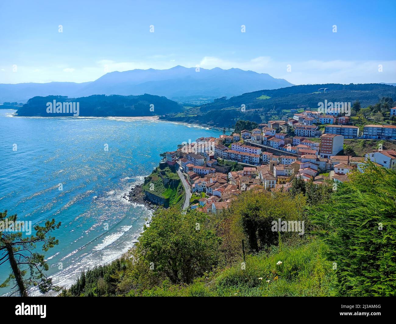 An aerial view of coastal buildings in Lastres, Asturias, Spain Stock ...