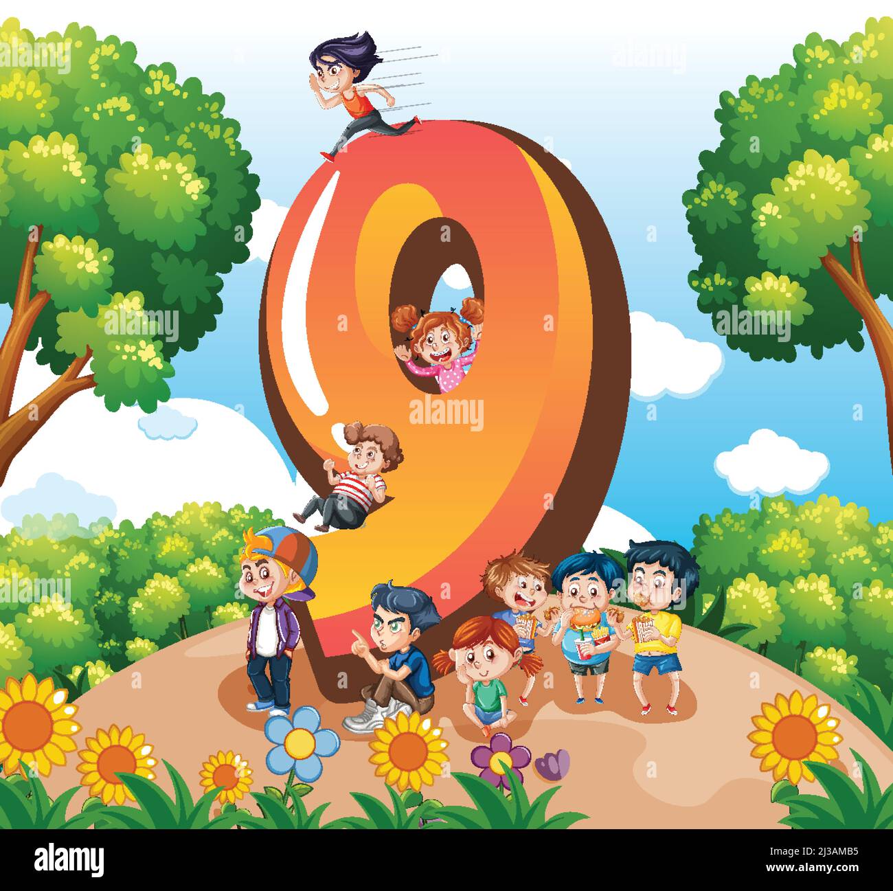 Nine kids with number nine cartoon illustration Stock Vector Image ...