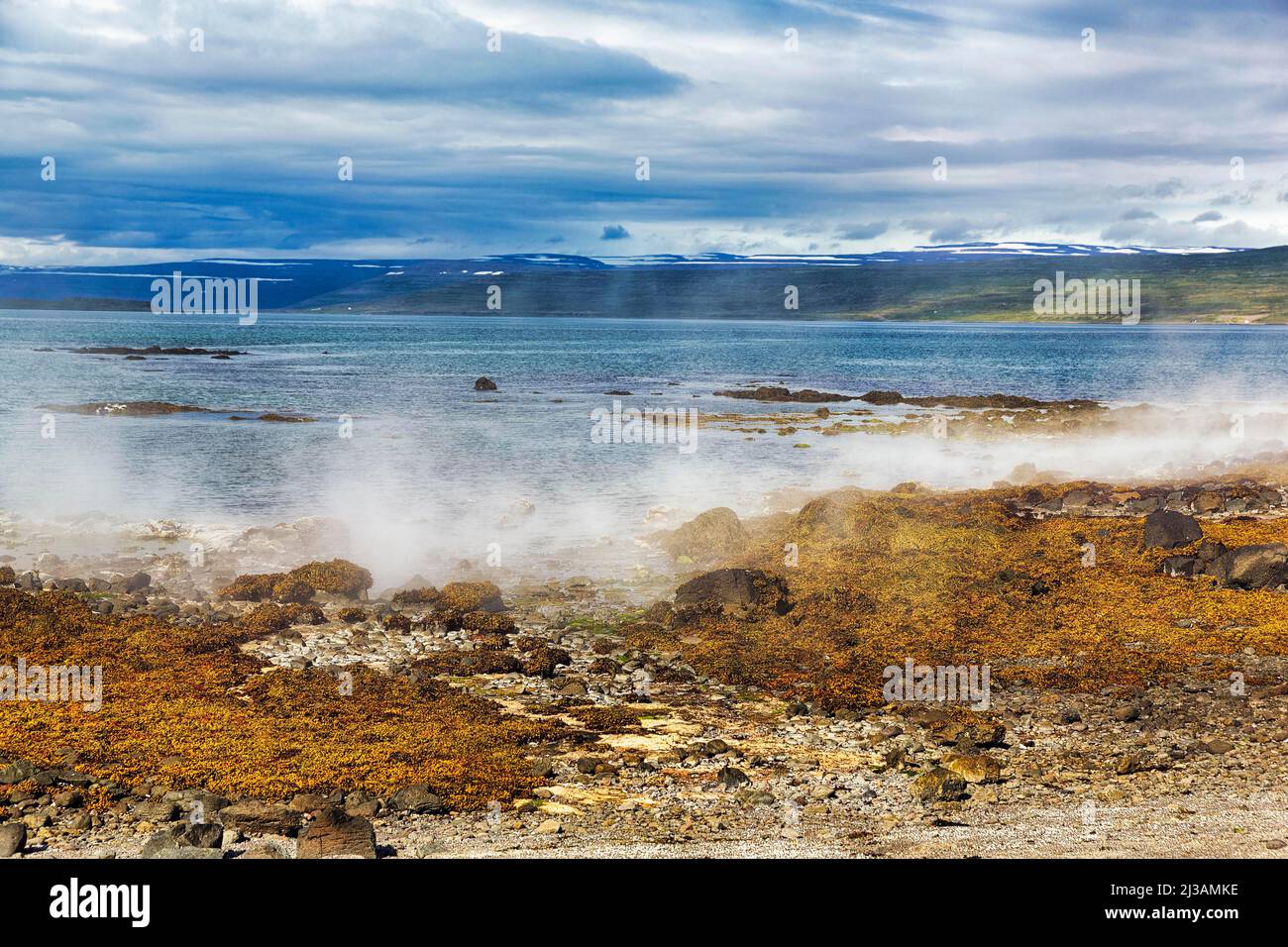 Hot spring flowing into the sea, steaming rocky coast near Reykjanes ...