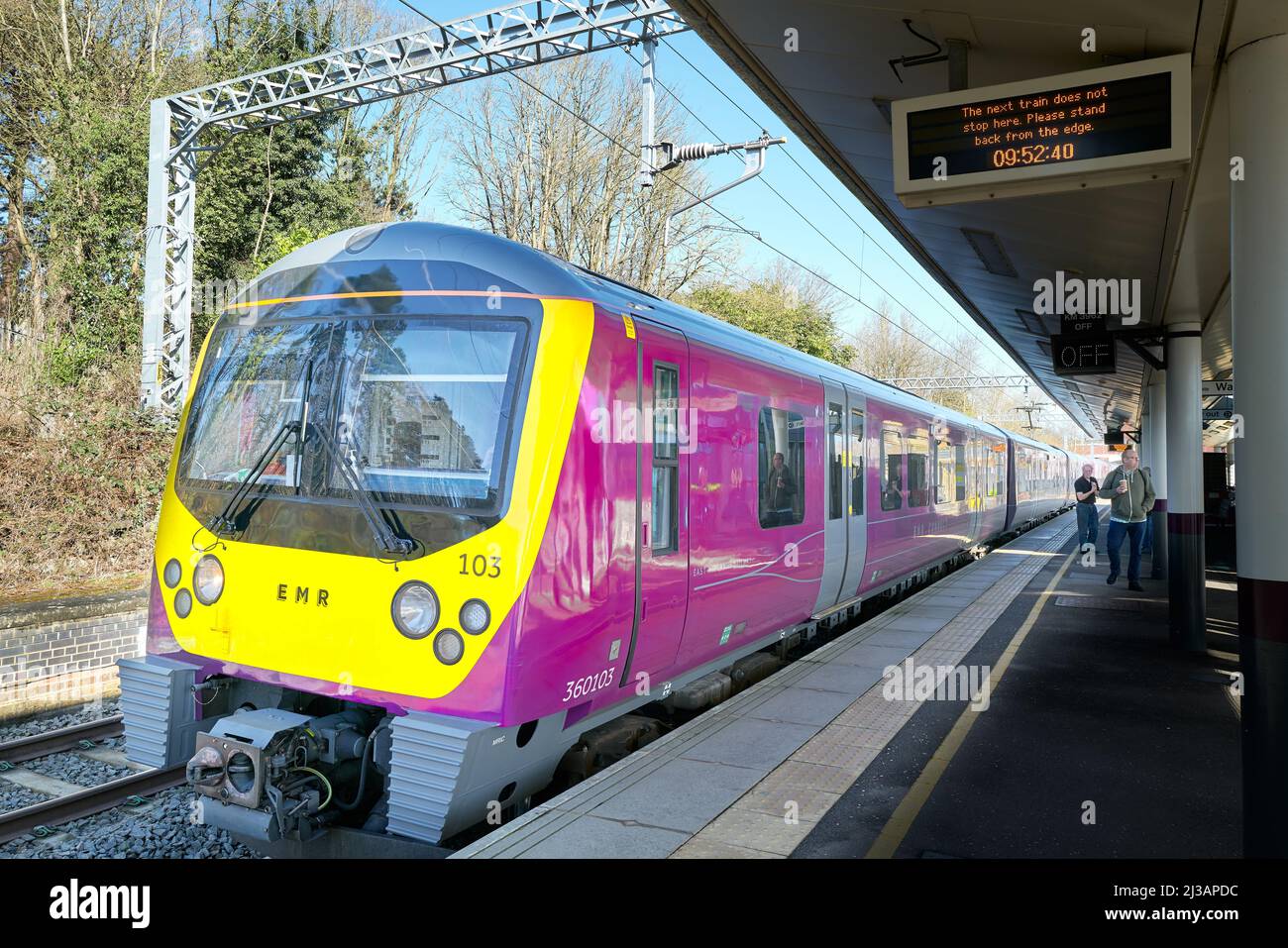 A stationary EMR train at the railway station in Corby, England Stock ...