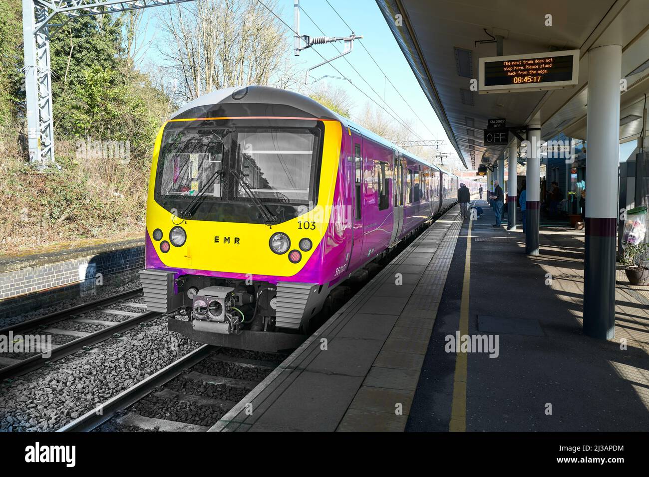 A stationary EMR train at the railway station in Corby, England Stock ...