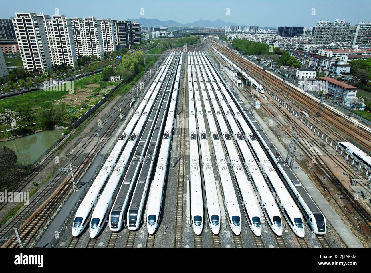HANGZHOU, CHINA - APRIL 7, 2022 - An aerial view of high-speed trains ...