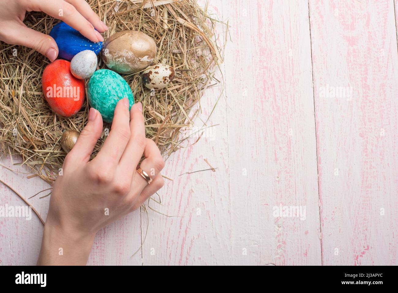 easter flat -lay eggs, with space for design Stock Photo - Alamy