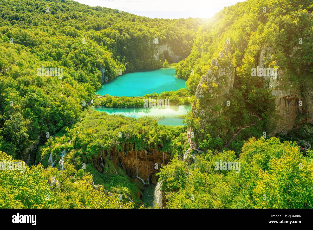 sunshine on the overlook of Novakovica Brod Lake in the Plitvice Lakes ...