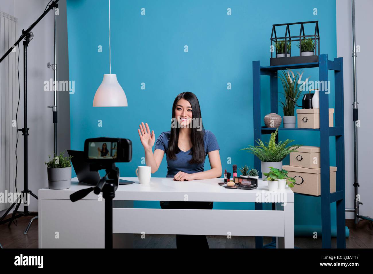 Behind the scene of vlogger influencer filming videoblog using ...