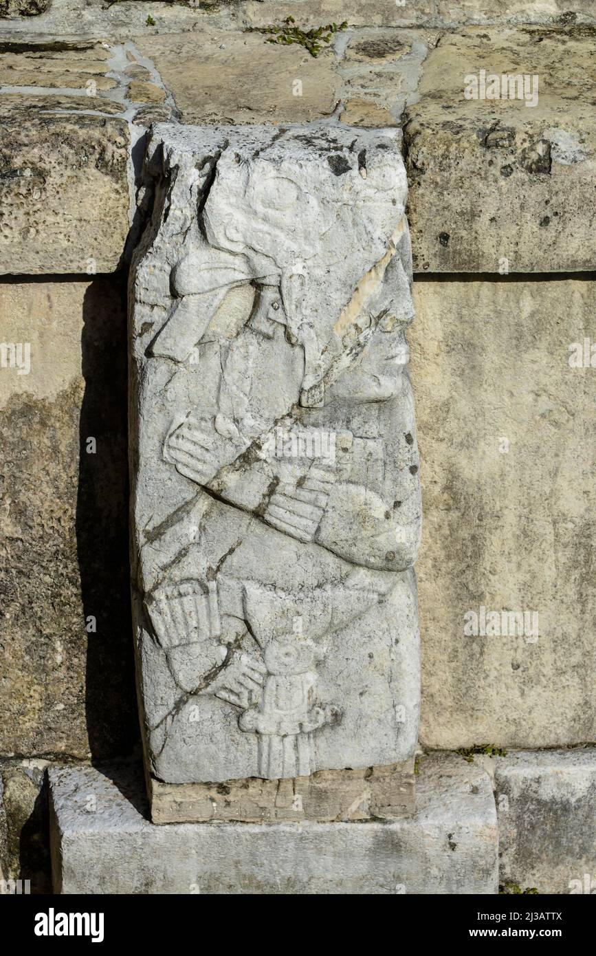 Stone relief in the palace (El Palacio), Mayan ruins, Palenque, Chiapas ...