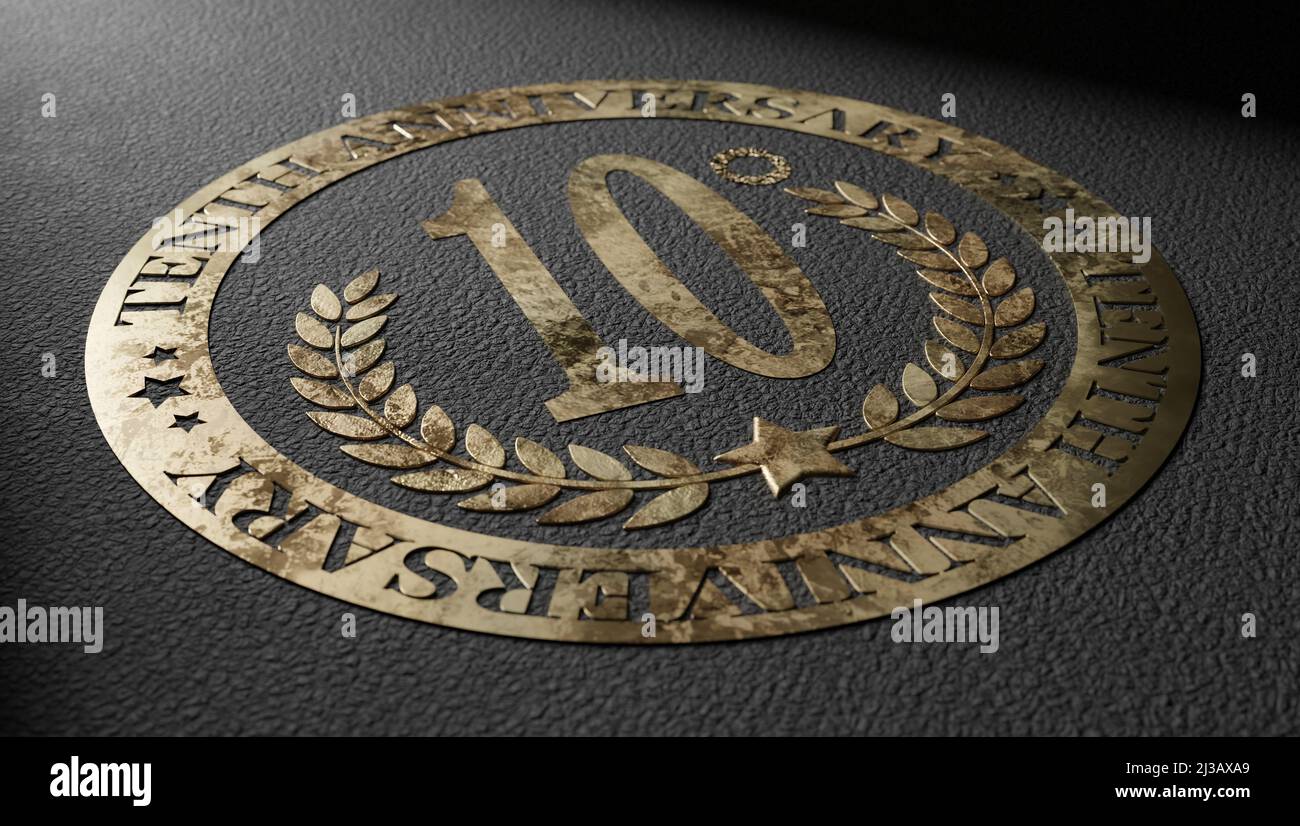 Tenth anniversary golden logo emblem with ribbon and the number 10 designing silhouette. 3d ...