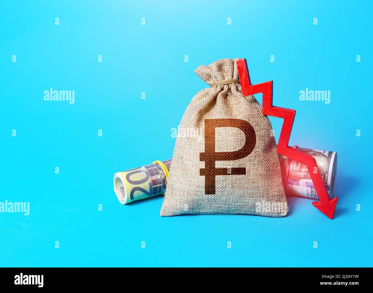 Russian ruble money bag and arrow down. Falling economy. Decrease in ...