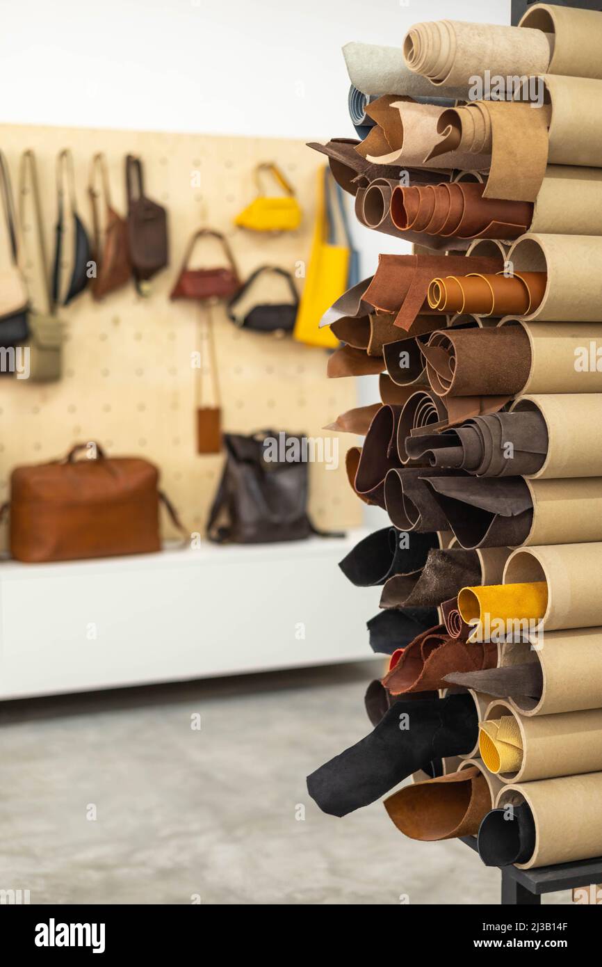 Material for creating handmade production at leather workshop. Storage ...
