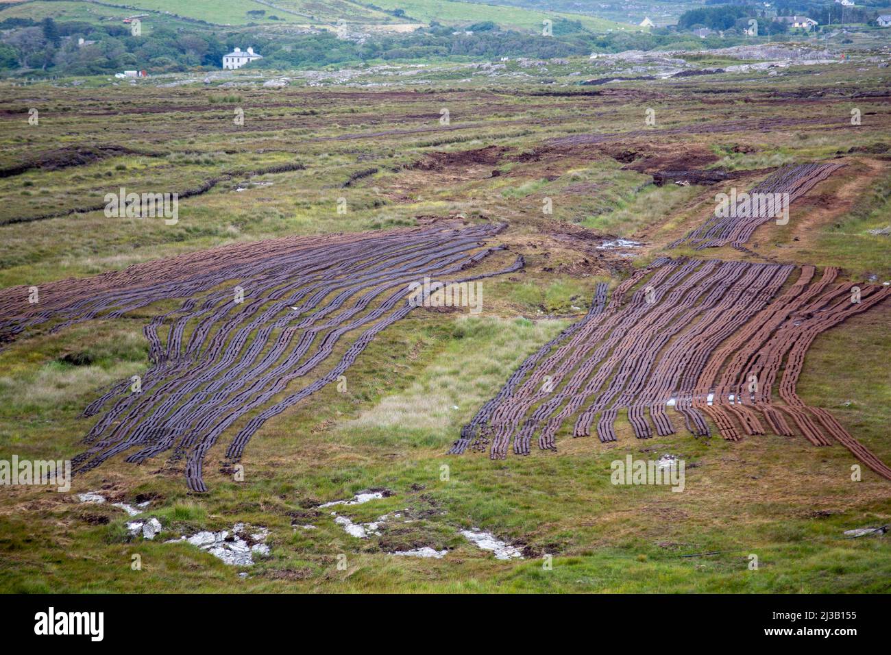 Irish landscape with rows of turf along Wild Atlantic way near Galway ...