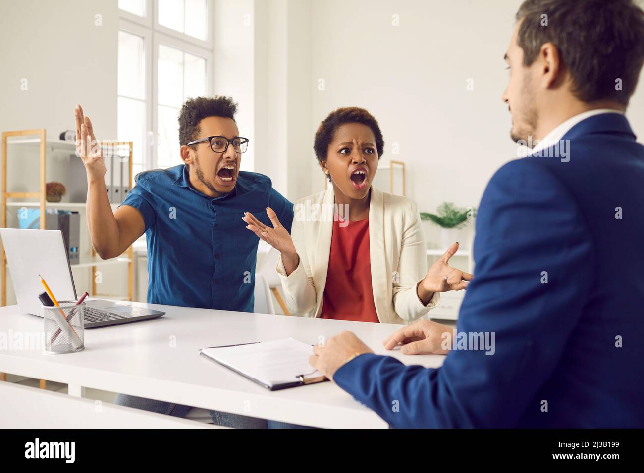 Angry, furious, demanding clients shouting and having a fight with a ...