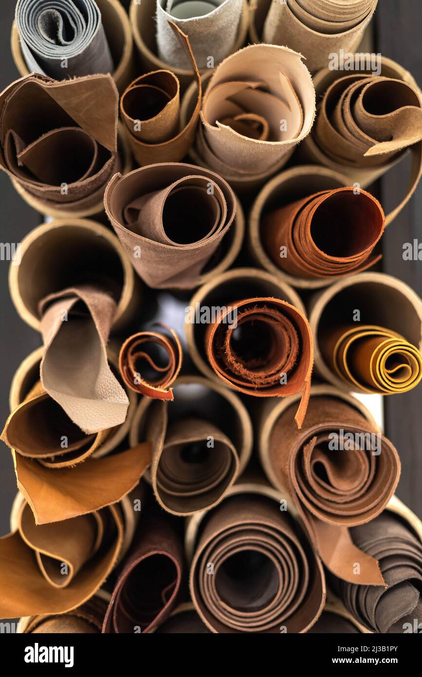 Material for creating handmade production at leather workshop. Storage ...