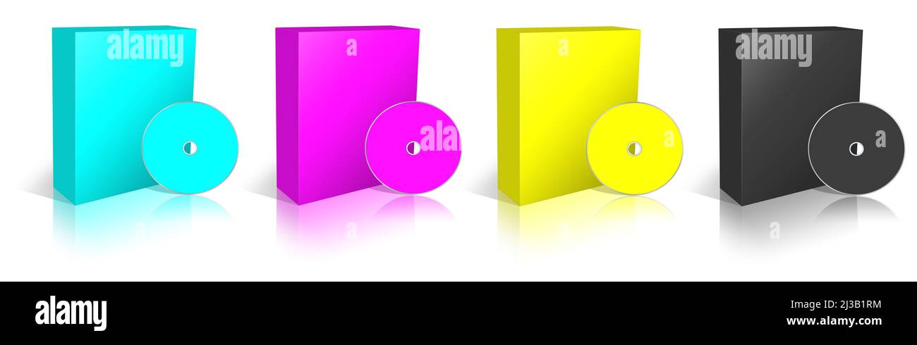 Four CMYK Software Boxes blank template red, green and blue for ...