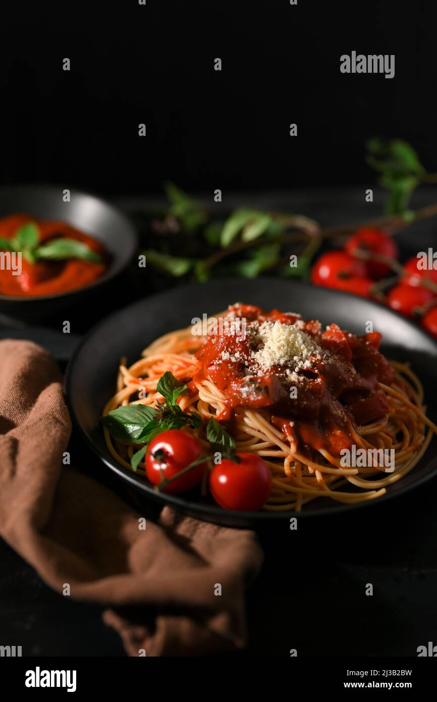 Close-up image, Delicious Italian pasta, Tomato Spaghetti with blurred ...