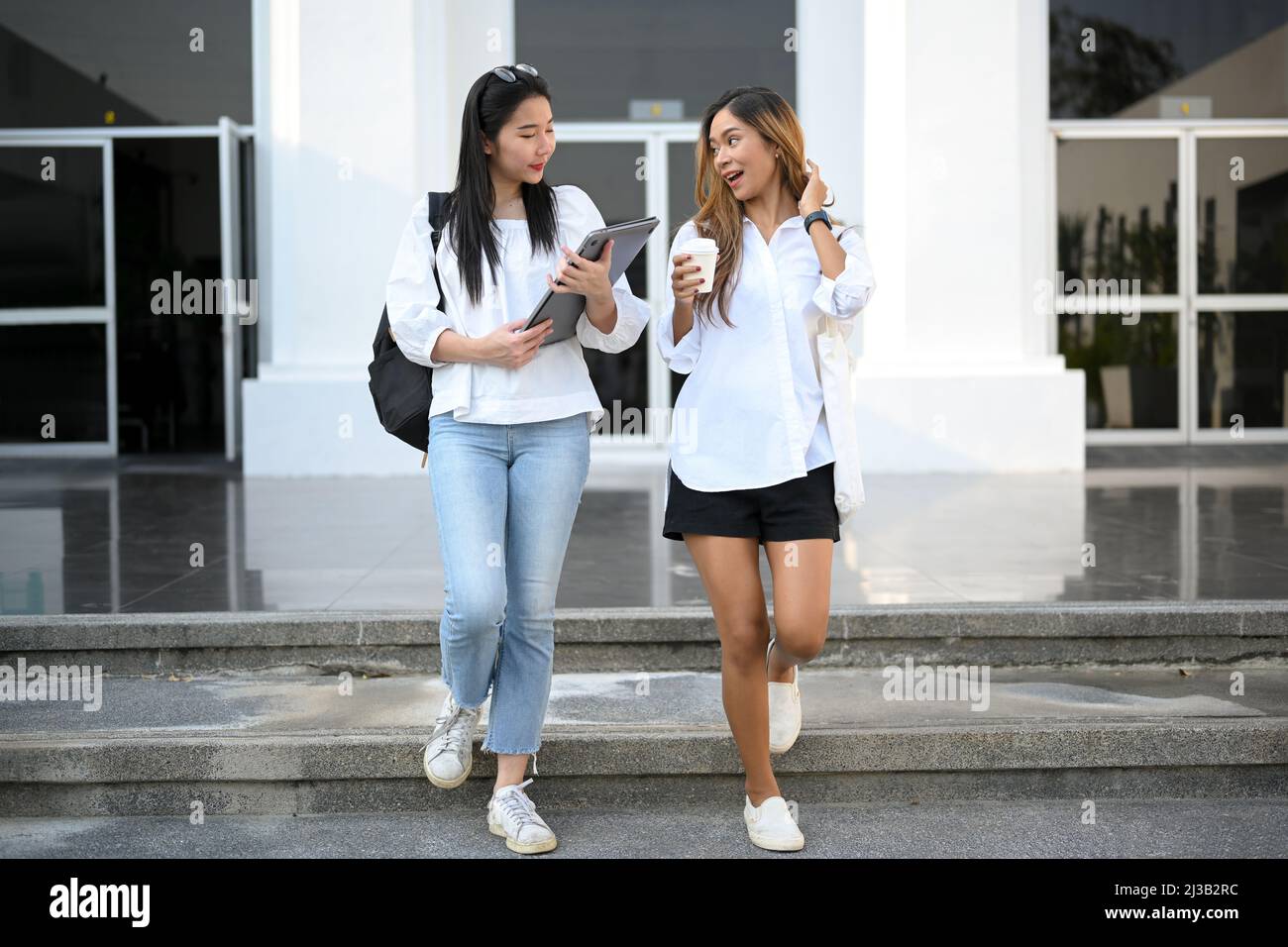 Two attractive college student having a nice conversation, talking ...