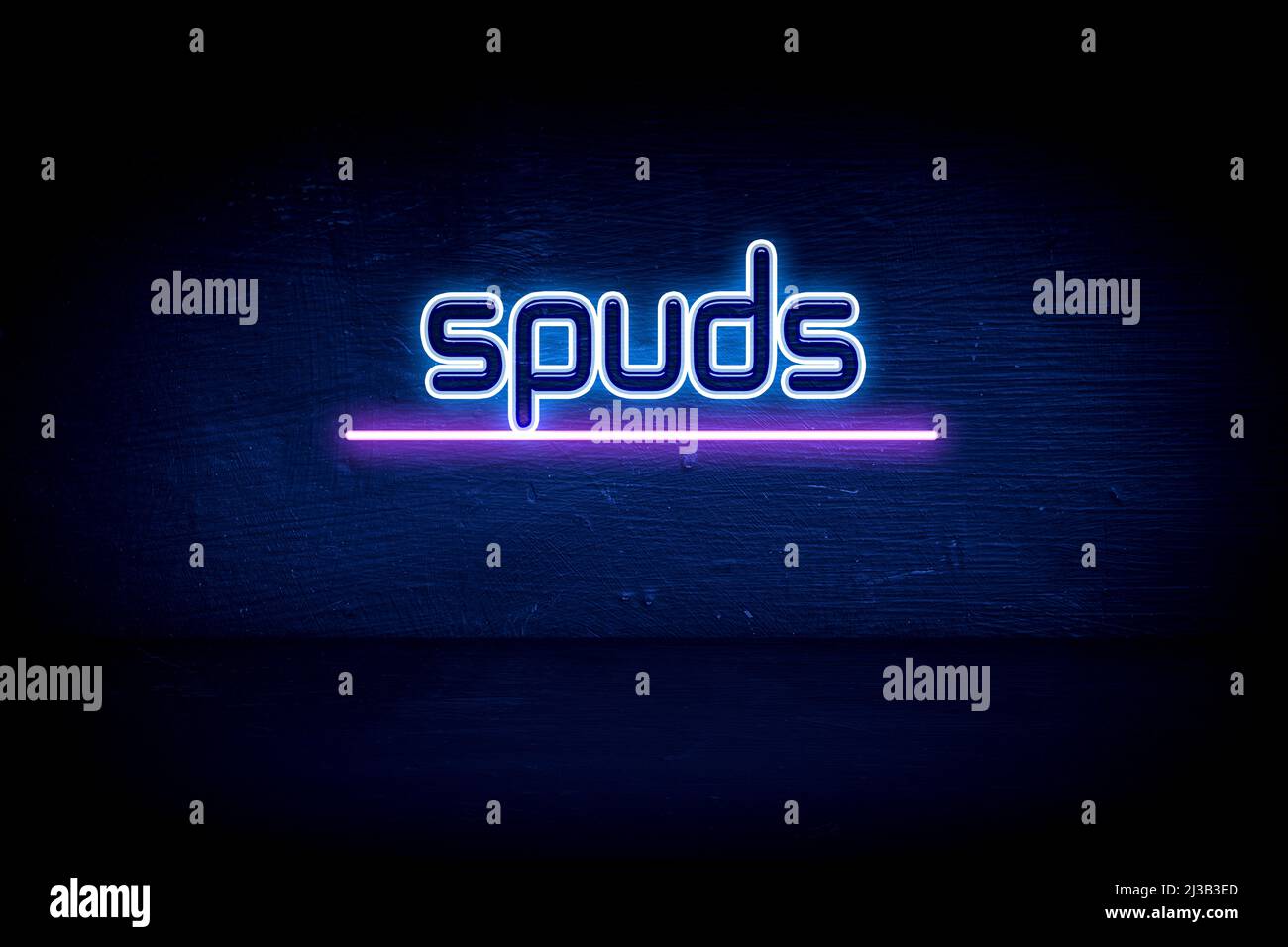Spuds - blue neon announcement signboard Stock Photo - Alamy