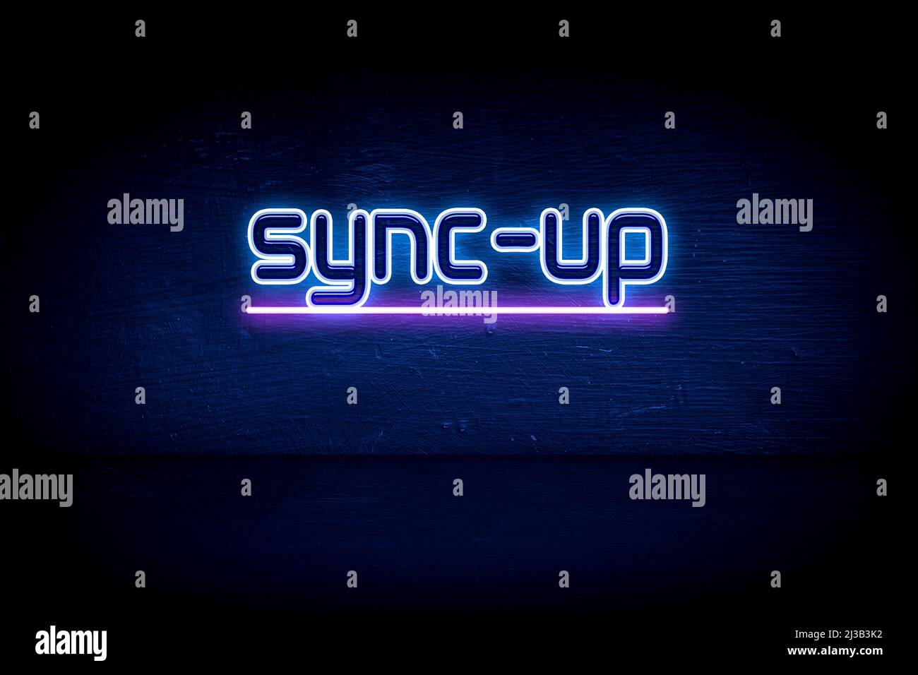 Sync-up - blue neon announcement signboard Stock Photo - Alamy