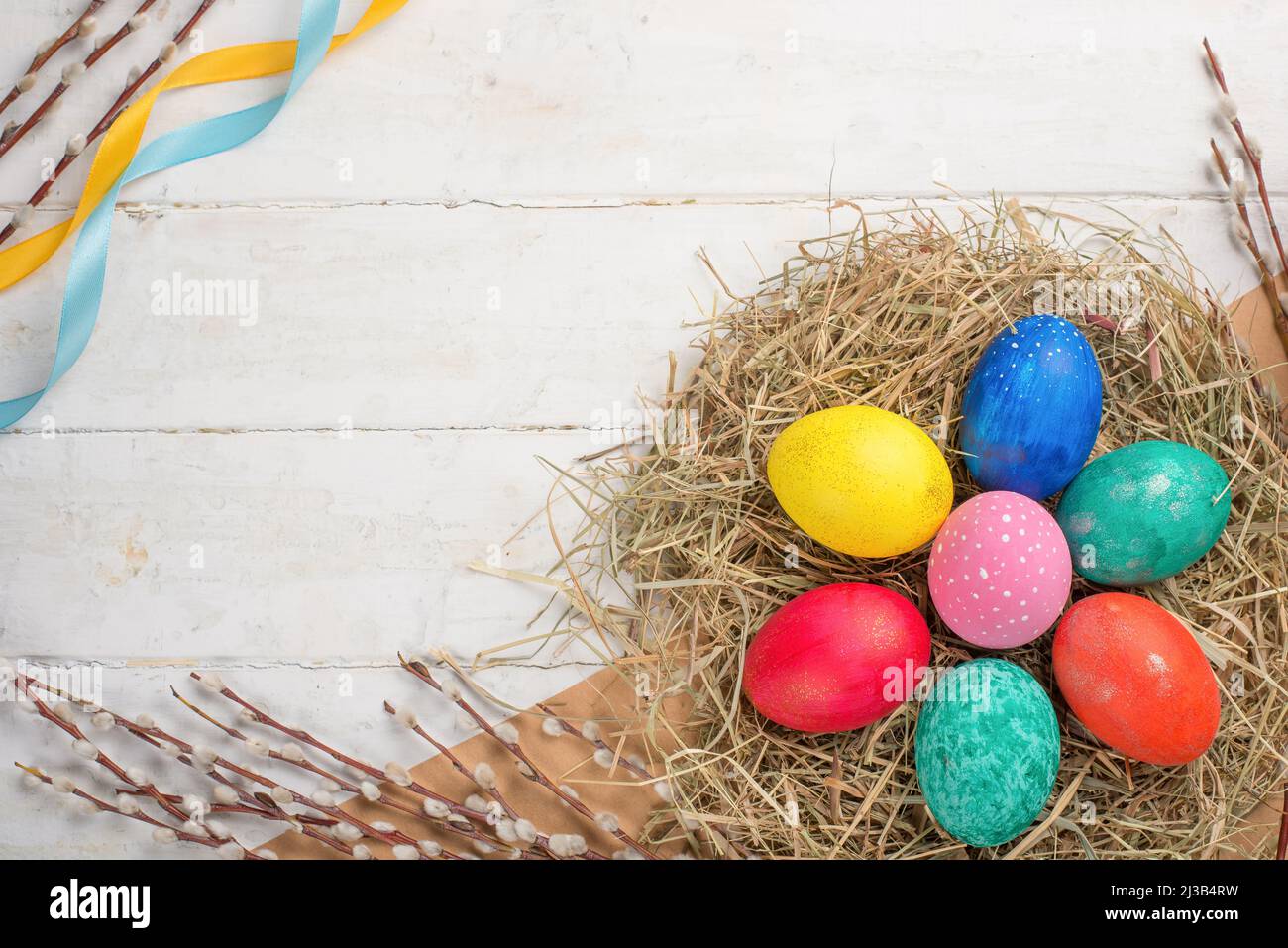 easter flat -lay eggs, with space for design Stock Photo - Alamy