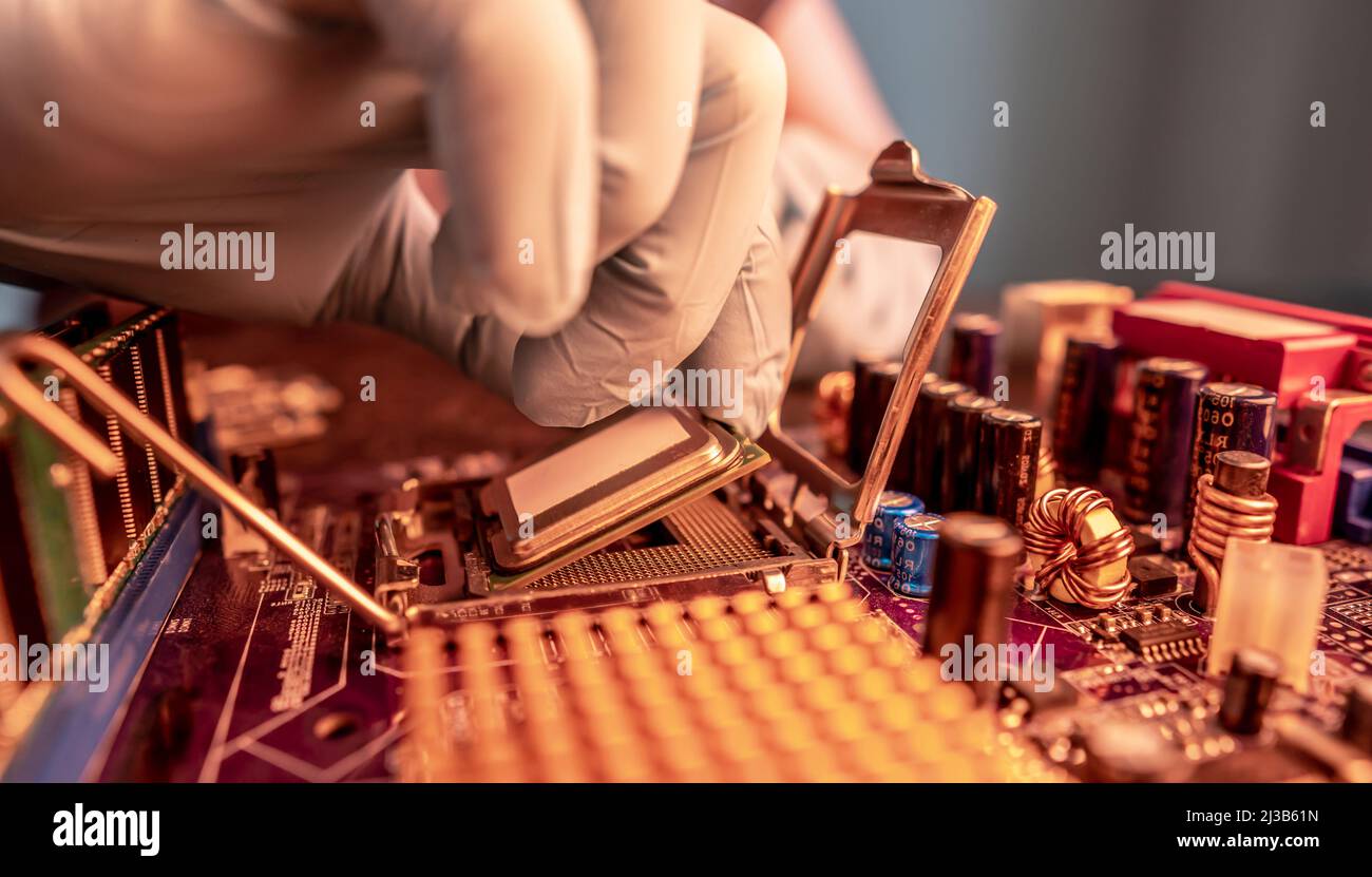Engineer repairman holding hands in black gloves chip processor, CPU to ...