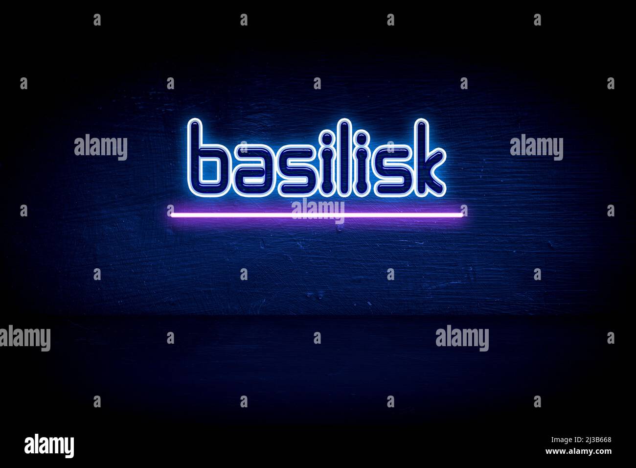 Basilisk - blue neon announcement signboard Stock Photo - Alamy