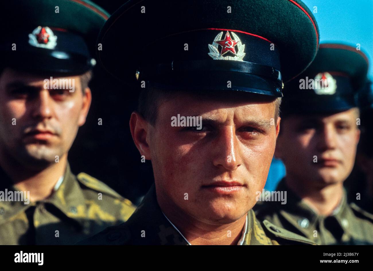 1990 KGB border guards on parade in Gursfuv, the Crimea, USSR, August ...