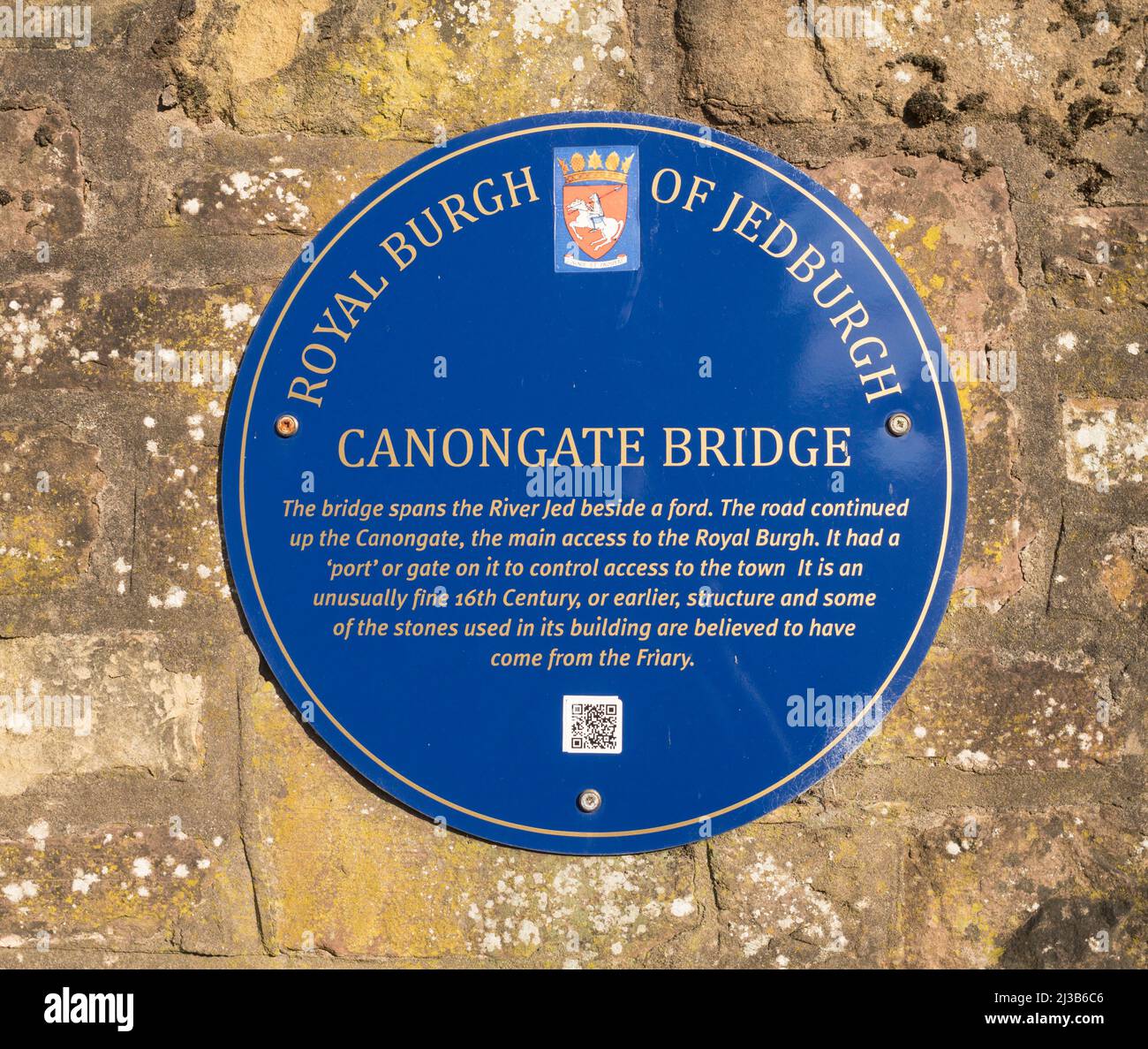 A blue plaque describing Canongate Bridge in Jedburgh, Scottish Borders ...