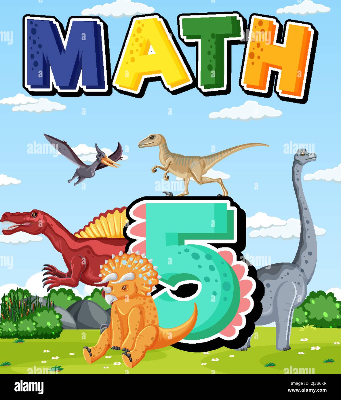 Five dinosaurs with number five cartoon illustration Stock Vector Image ...