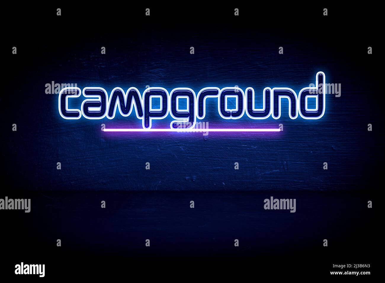 campground - blue neon announcement signboard Stock Photo - Alamy