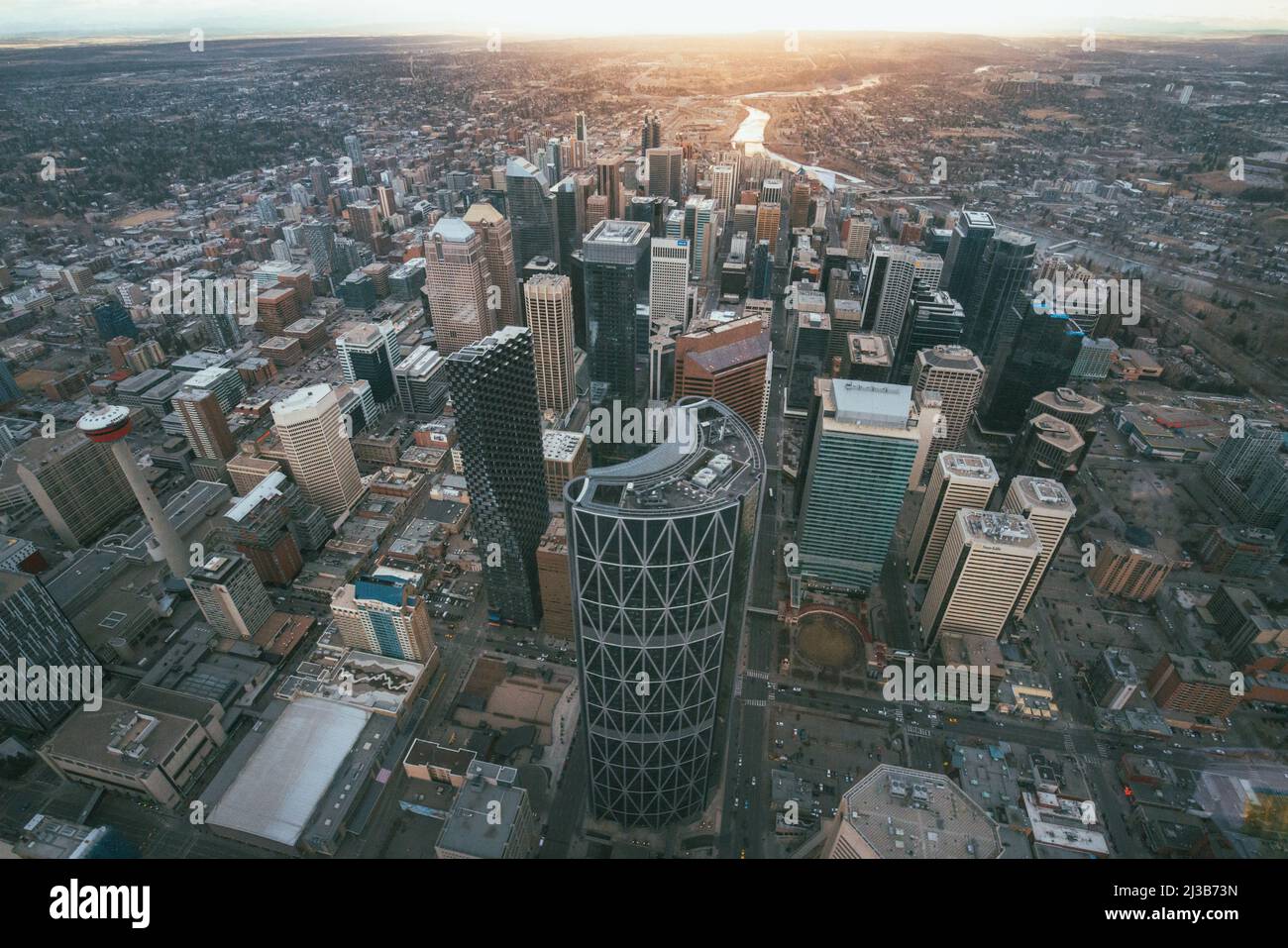 Aerial view of downtown Calgary with the sunset on the horizon Stock ...